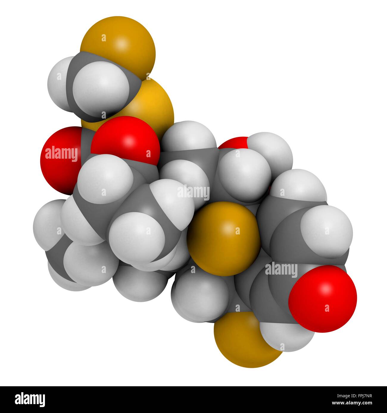 Fluticas e corticosteroid drug molecule. Atoms are represented as ...