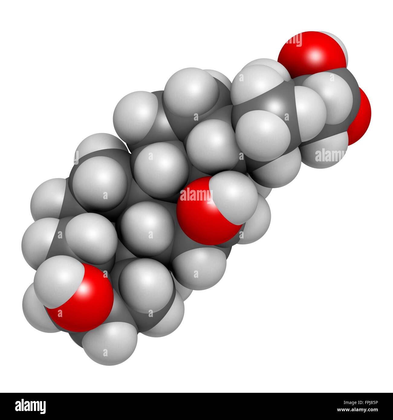 Deoxycholic acid bile acid molecule. Also used as drug. Atoms are ...