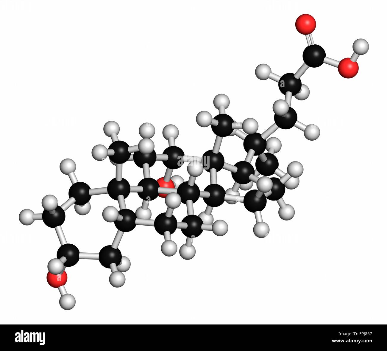 Deoxycholic acid bile acid molecule. Also used as drug. Atoms are ...