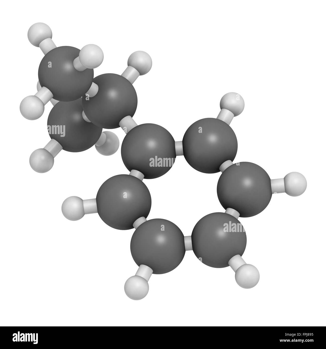 Cumene (isopropylbenzene) aromatic hydrocarb molecule. Atoms are ...