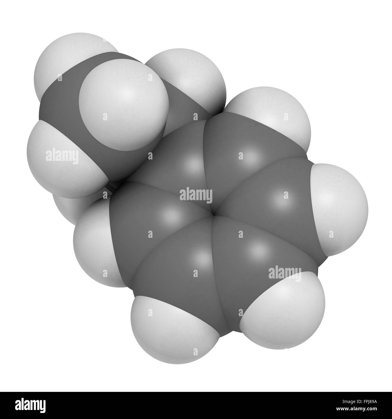 Cumene (isopropylbenzene) aromatic hydrocarb molecule. Atoms are ...