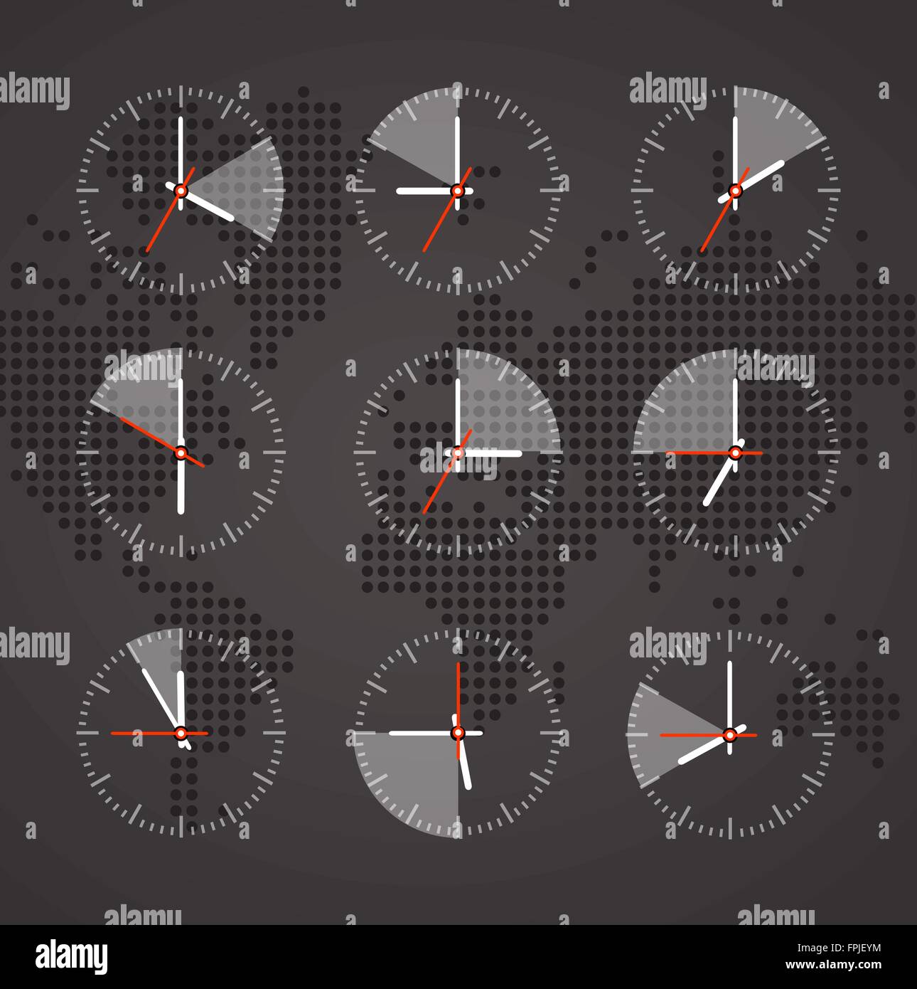 Image of a clock on a background map of the world with continents dark ...