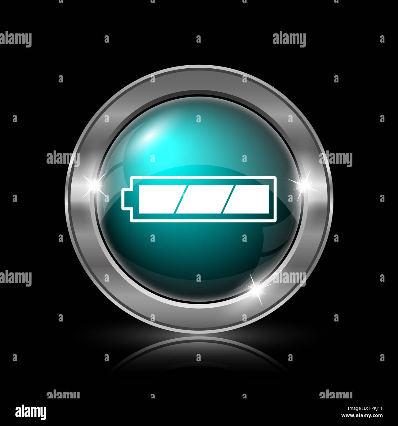 Fully charged battery icon. Metallic internet button on black ...