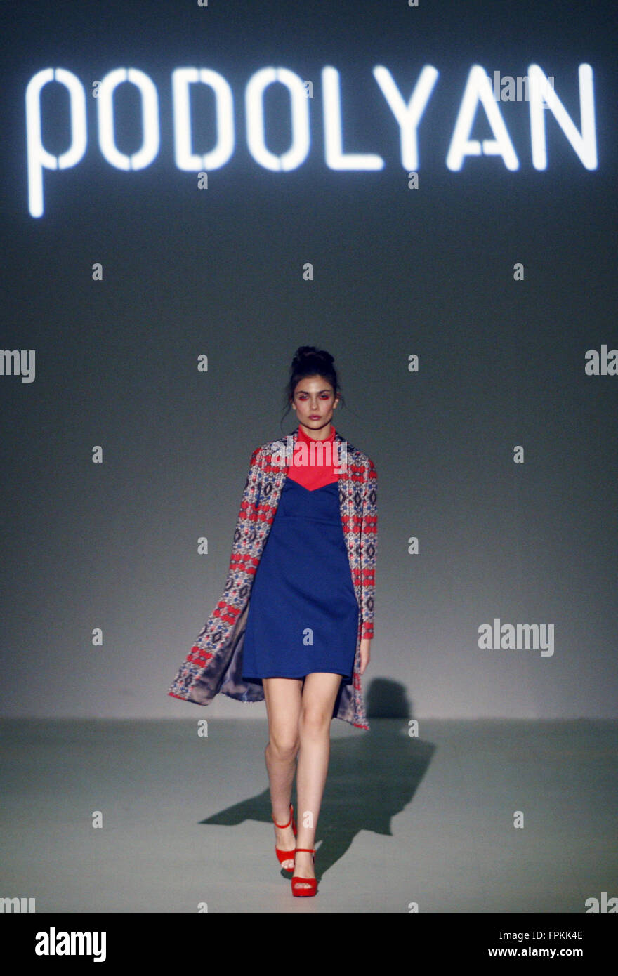 A model presents a creation by Ukrainian designer PODOLYAN during the ...