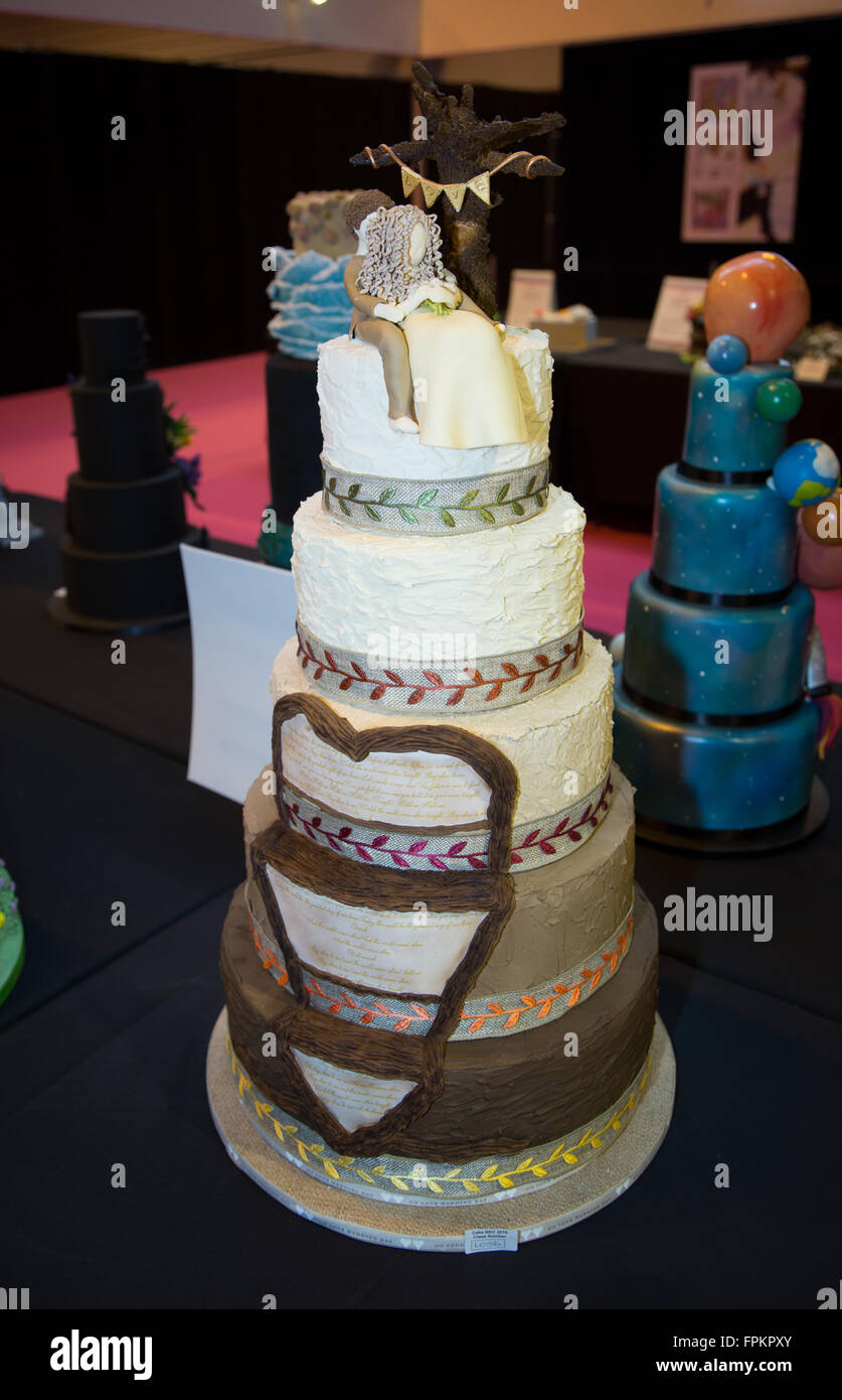 Birmingham, UK. 19th March, 2016. Wedding cake on display at Cake ...