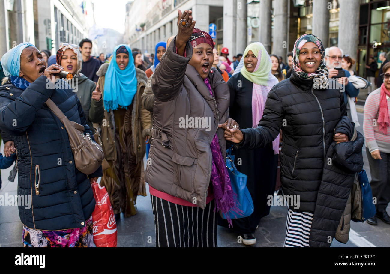 Turin, Italy. 19 mar, 2016: women sing demonstration against racism at ...