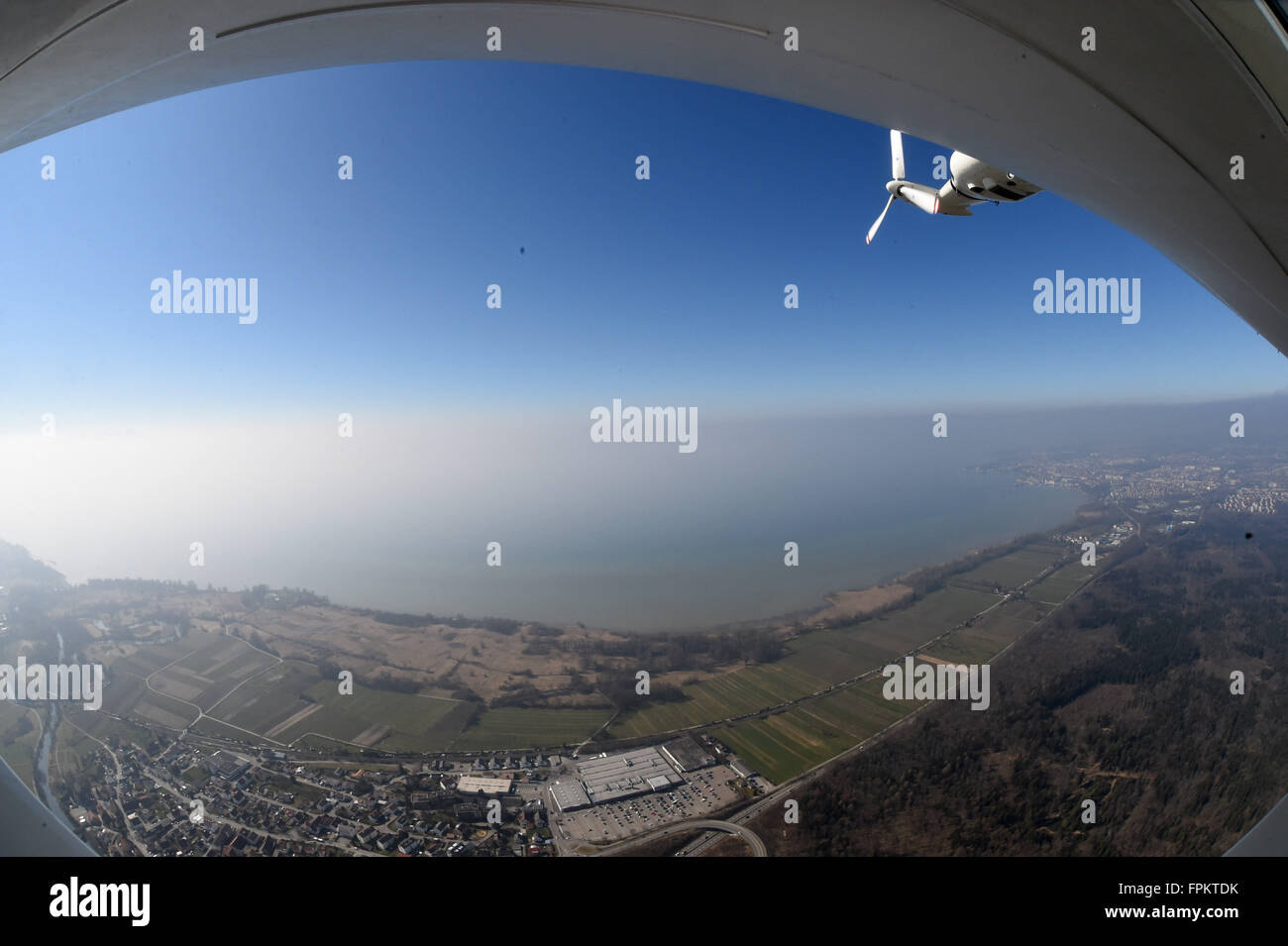 A flight with a zeppelin above Bodensee lake near Friedrichshafen ...