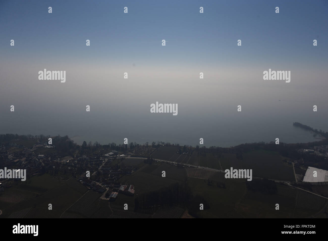 A flight with a zeppelin above Bodensee lake near Friedrichshafen ...