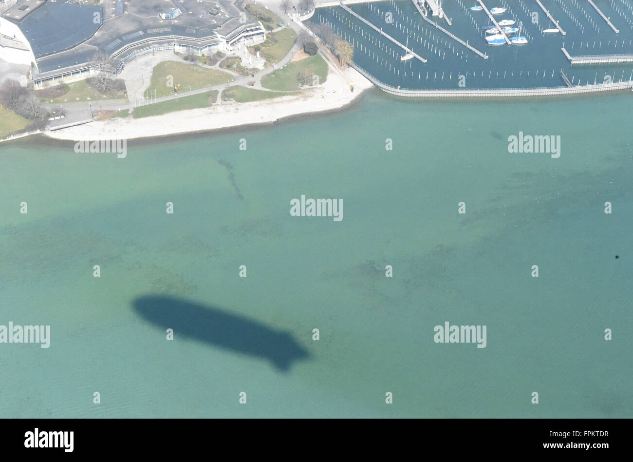 A flight with a zeppelin above Bodensee lake near Friedrichshafen ...
