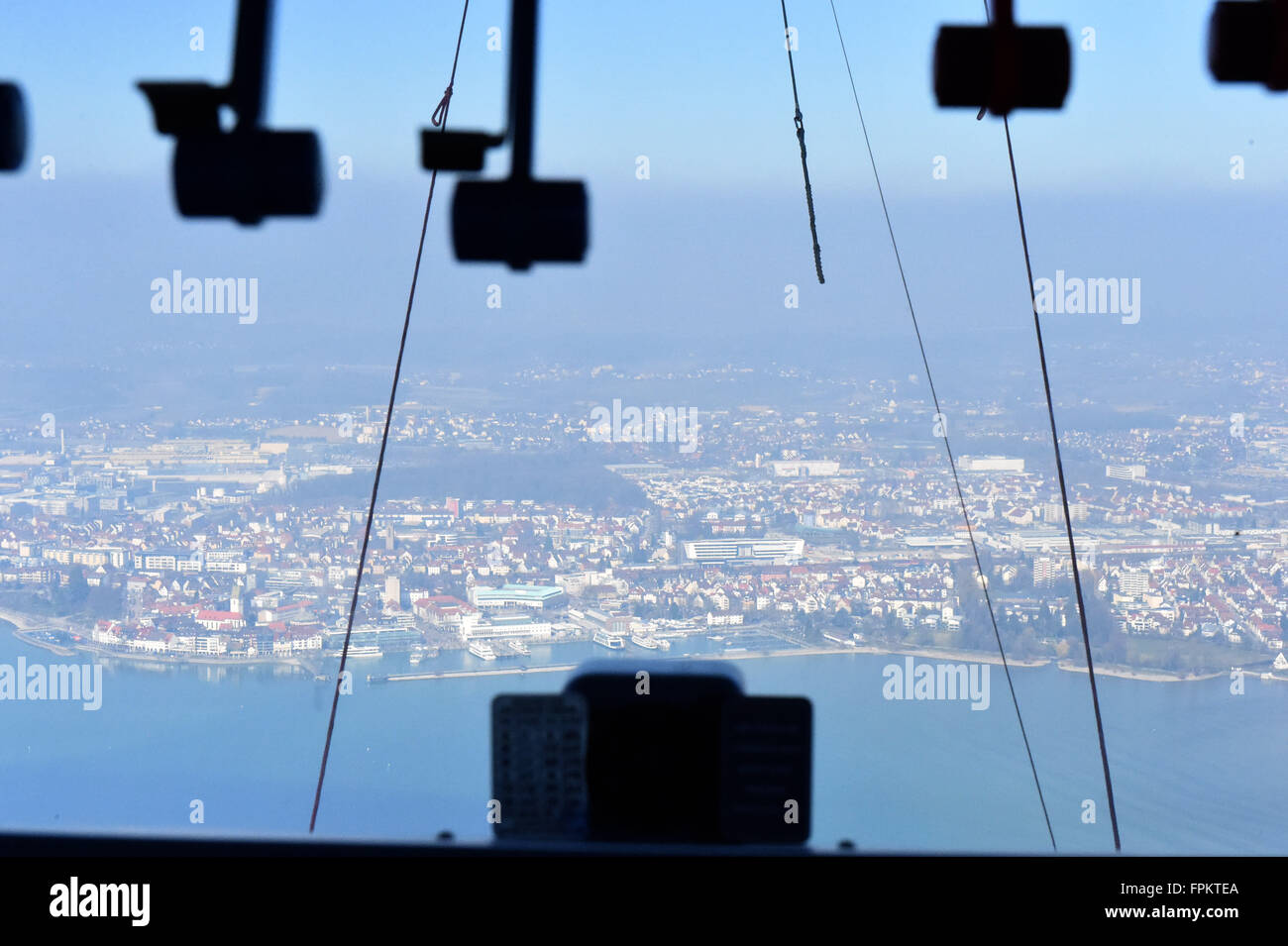 A flight with a zeppelin above Bodensee lake near Friedrichshafen ...