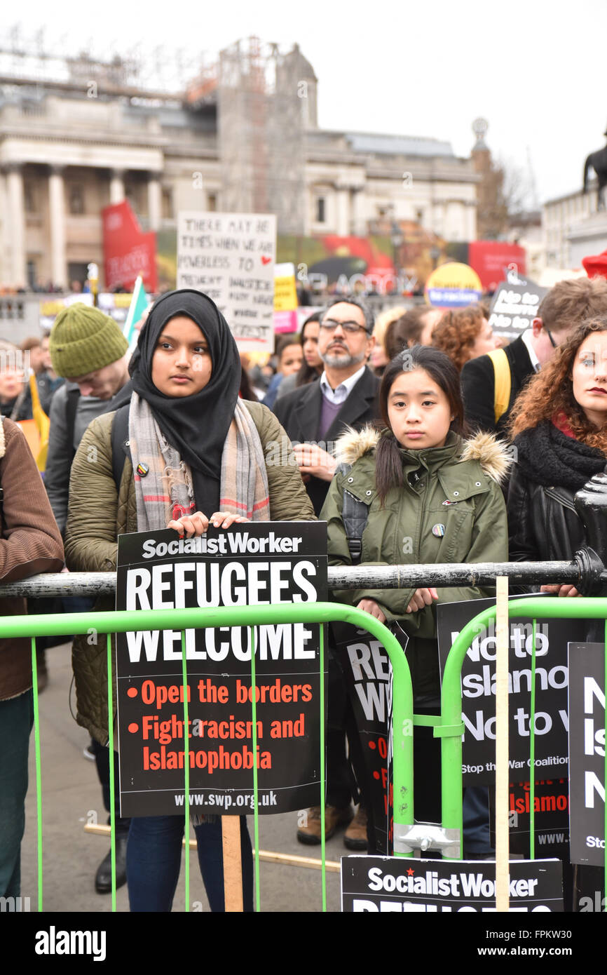 Trafalgar Square, London, UK. 19th March 2016. UN Anti Racism, Refugees ...