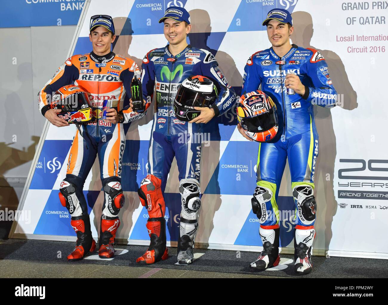 Doha, Qatar. 19th Mar, 2016. (L to R)Spanish MotoGP rider Marc Marquez ...