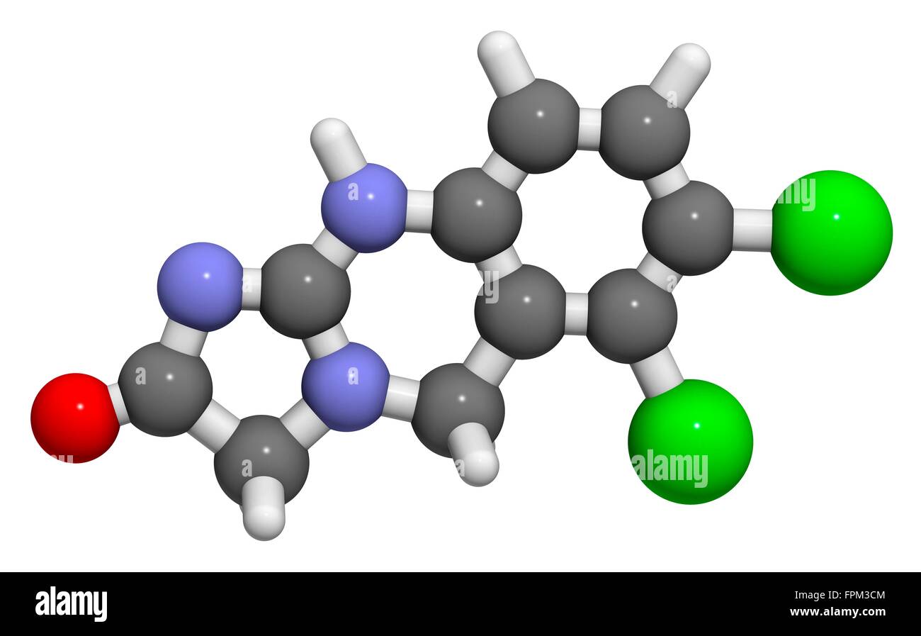 Anagrelide essential thrombocytosis drug molecule. Atoms are ...