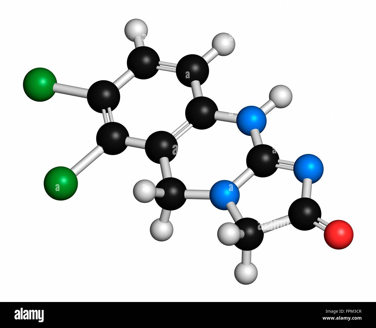Anagrelide essential thrombocytosis drug molecule. Atoms are ...