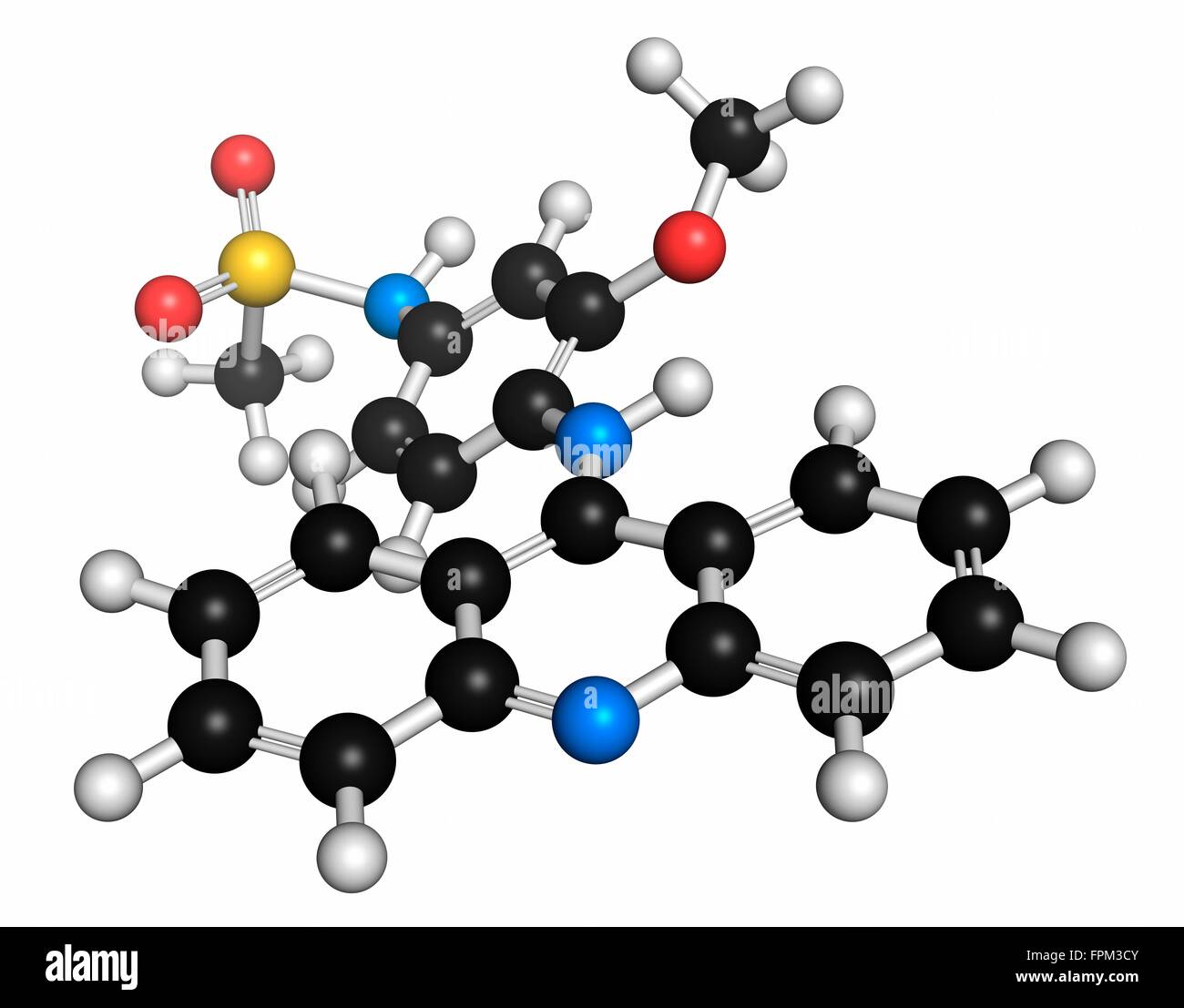 Amsacrine cancer drug molecule (DNA intercalating agent). Atoms are ...