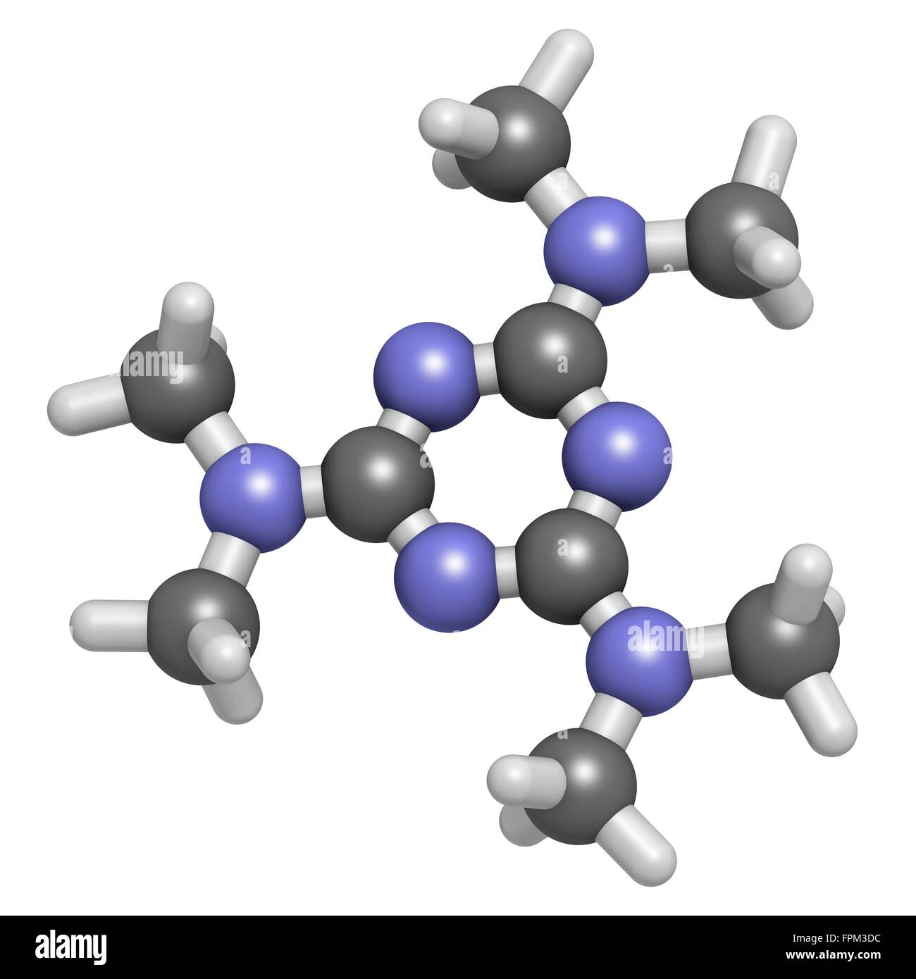 Altretamine cancer drug molecule. Atoms are represented as spheres with ...