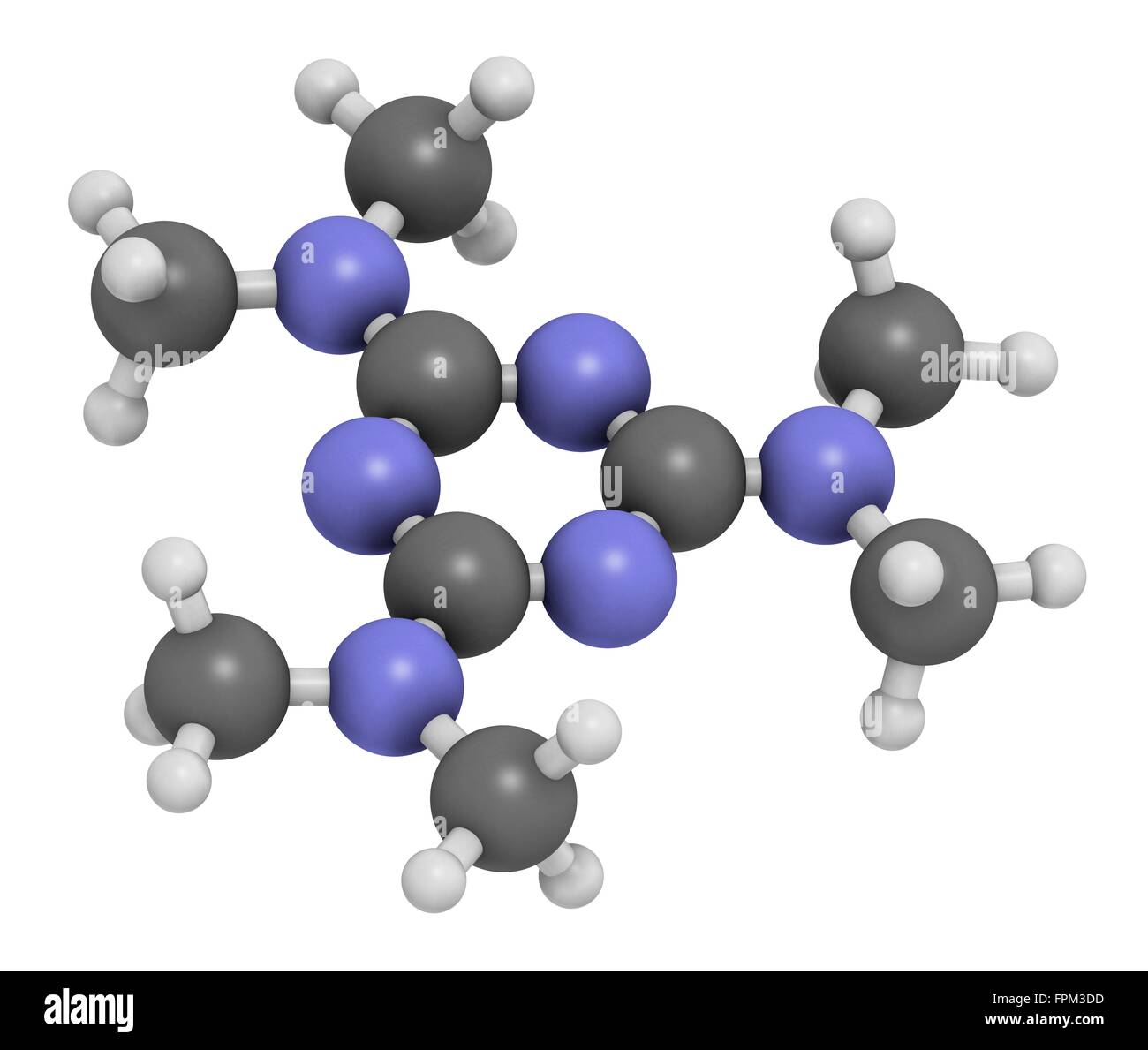 Altretamine cancer drug molecule. Atoms are represented as spheres with ...