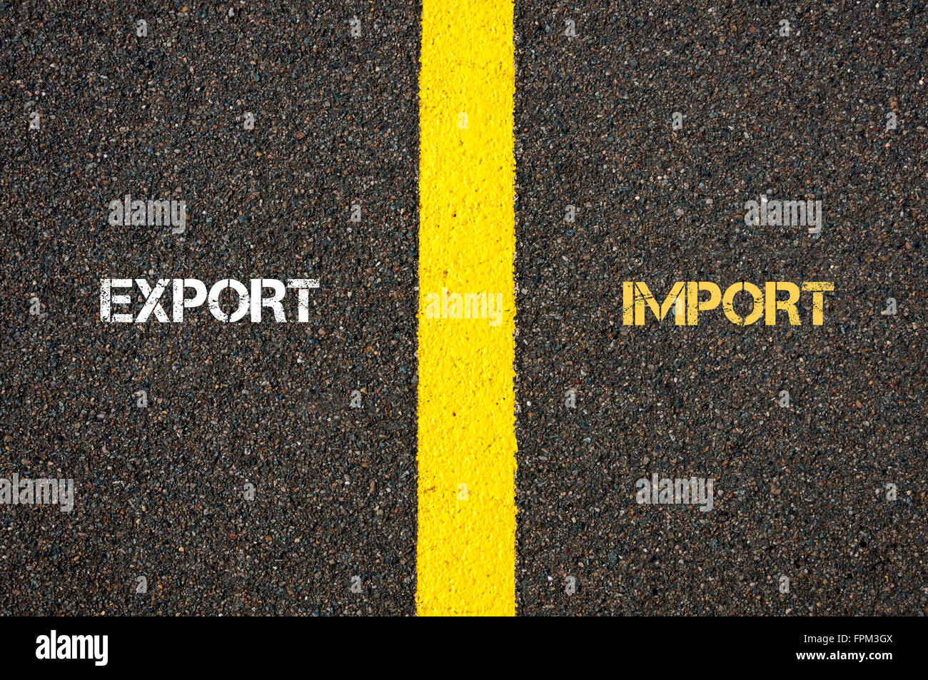 Antonym concept of EXPORT versus IMPORT written over tarmac, road ...