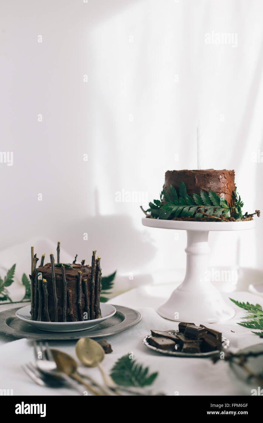 Chocolate cake on white table Stock Photo - Alamy