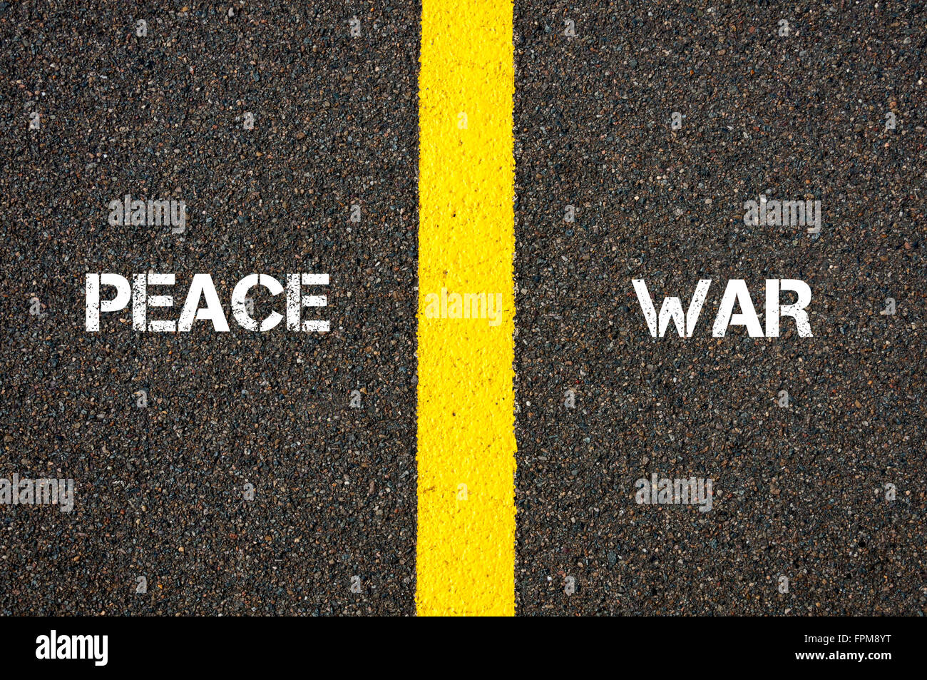 Antonym concept of PEACE versus WAR written over tarmac, road marking ...