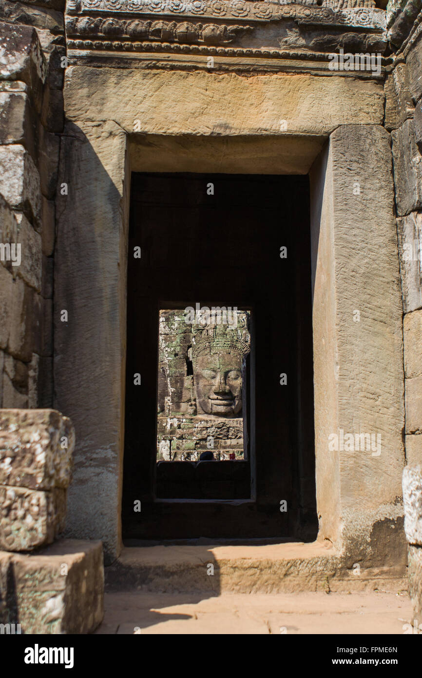 Stone head on towers of Bayon temple in Angkor Thom, Cambodia Stock ...