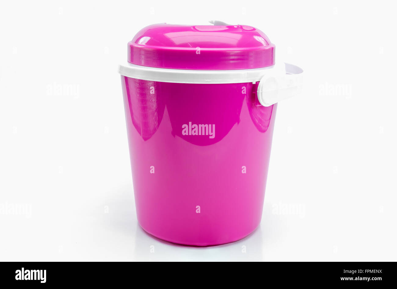 Pink plastic water canteen or Plastic ice bucket on white background ...