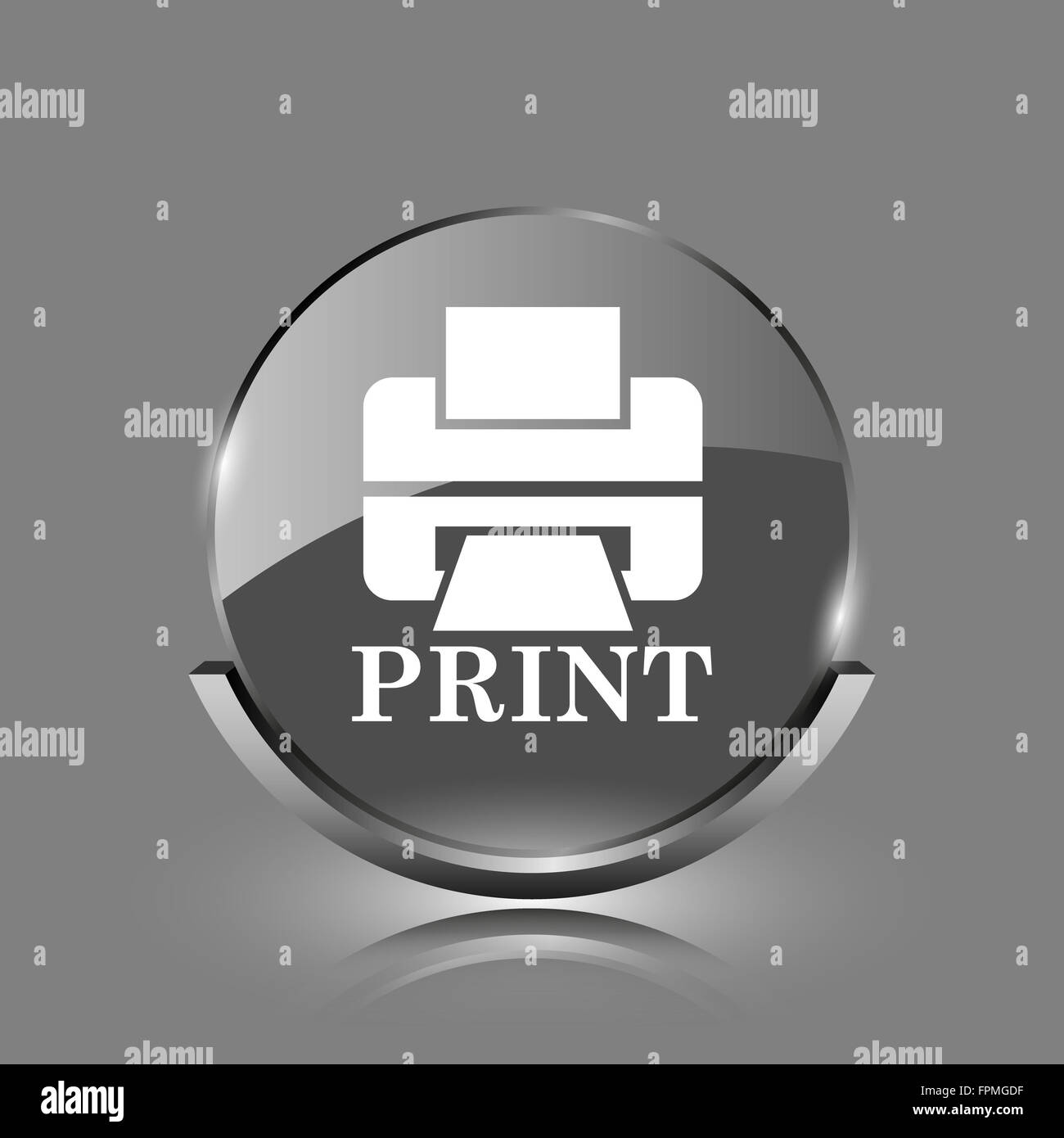 Printer with word PRINT icon. Shiny glossy internet button on grey ...
