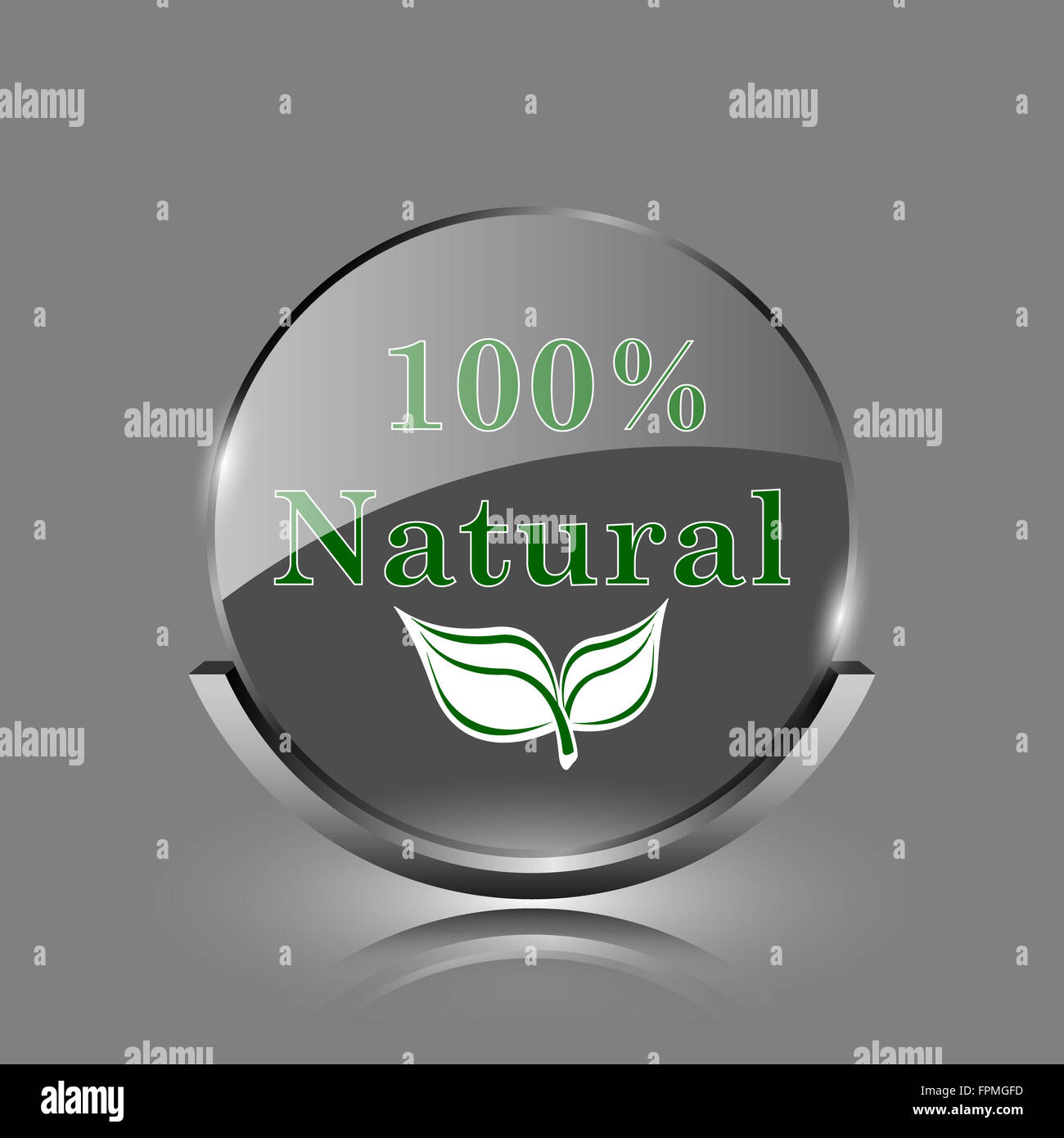 100 percent natural icon. Shiny glossy internet button on grey ...