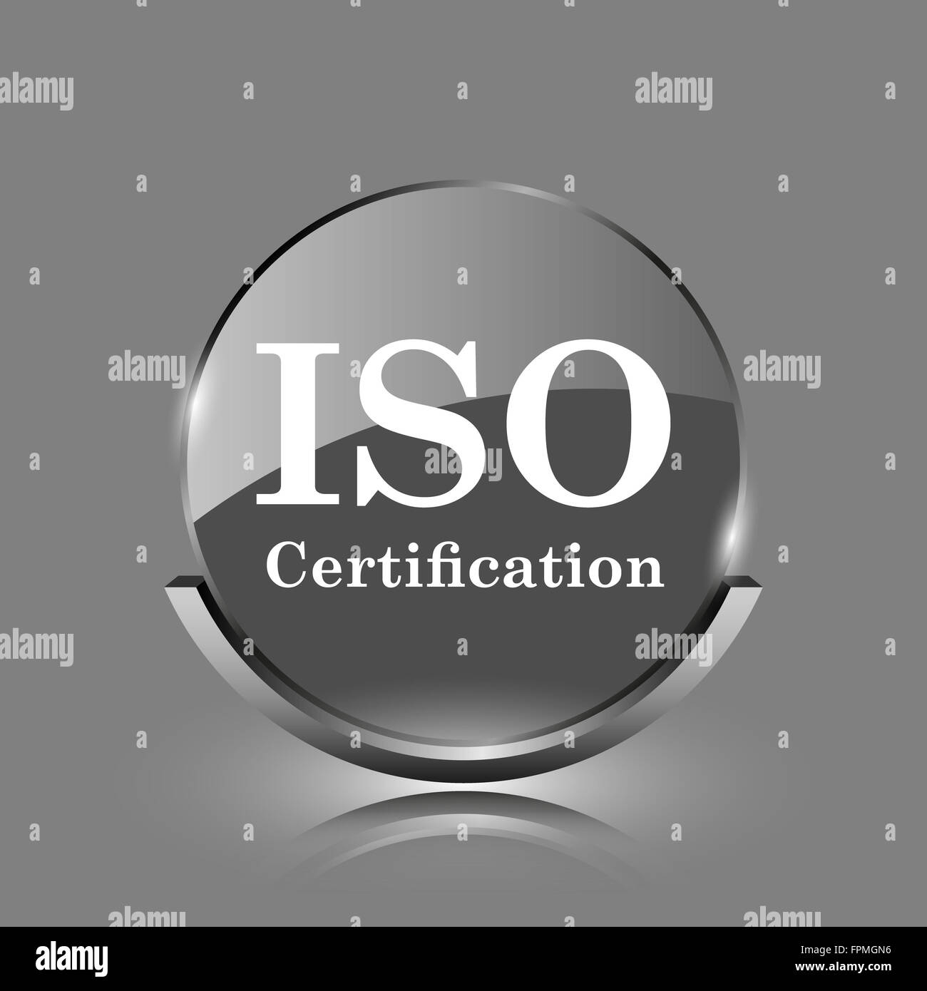 ISO certification icon. Shiny glossy internet button on grey background ...