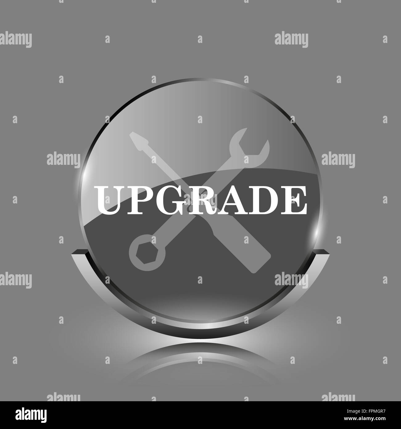 Upgrade icon. Shiny glossy internet button on grey background Stock ...