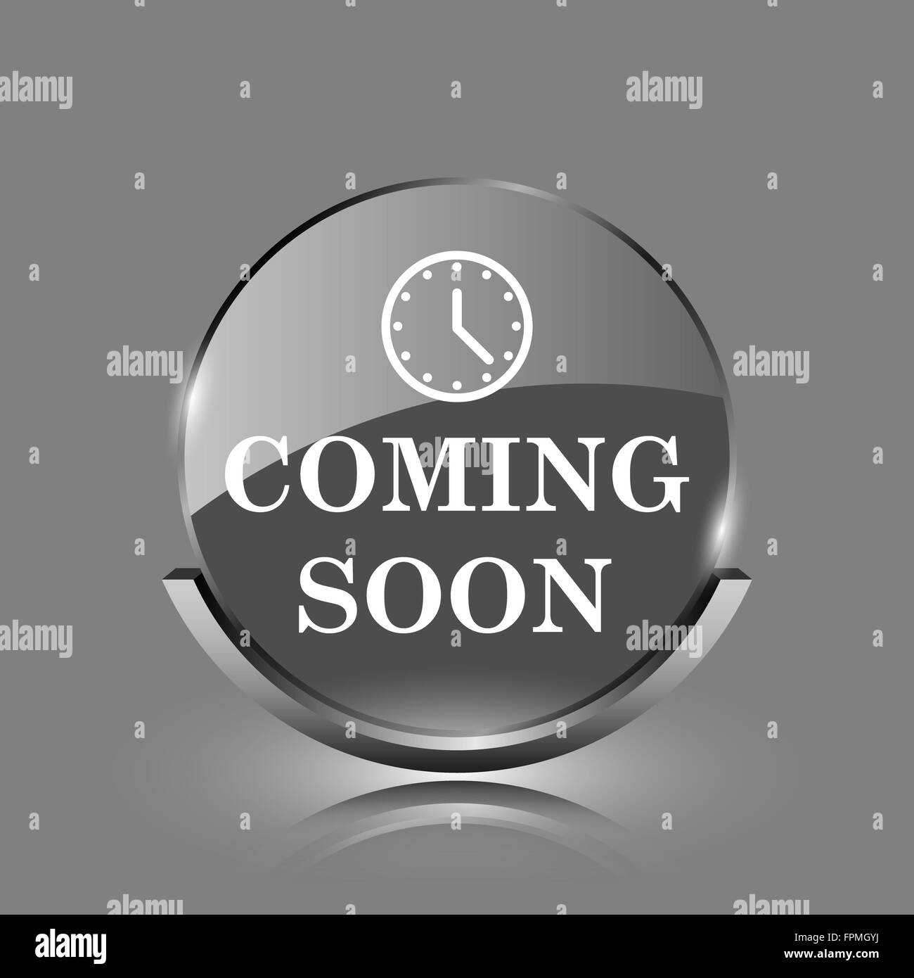 Coming soon icon. Shiny glossy internet button on grey background Stock ...