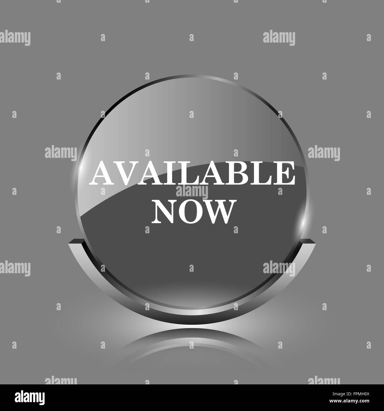 Available now icon. Shiny glossy internet button on grey background ...