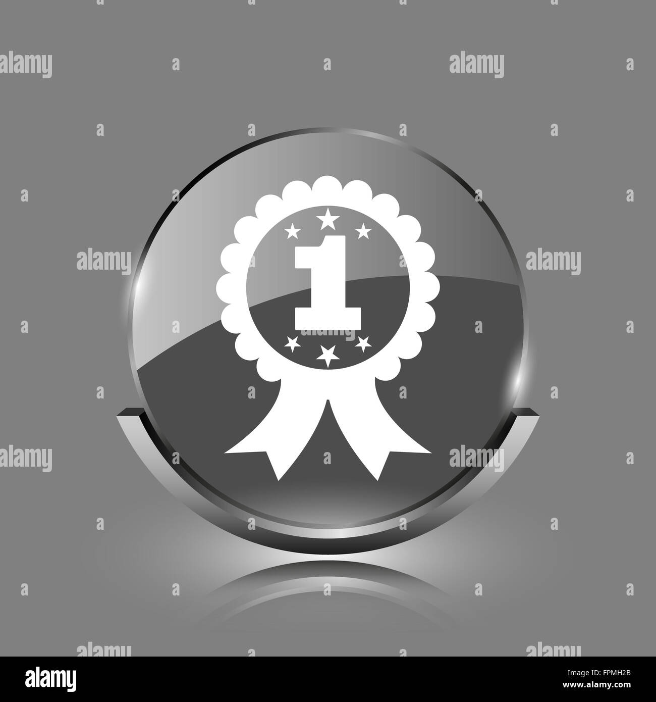 First prize ribbon icon. Shiny glossy internet button on grey ...