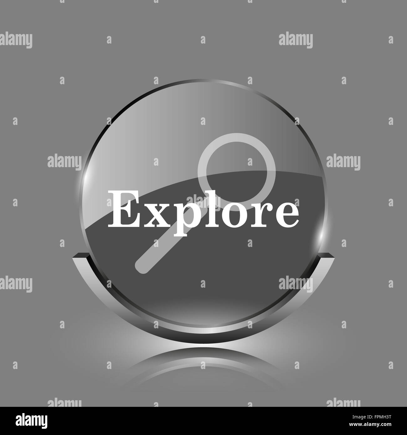 Explore icon. Shiny glossy internet button on grey background Stock ...