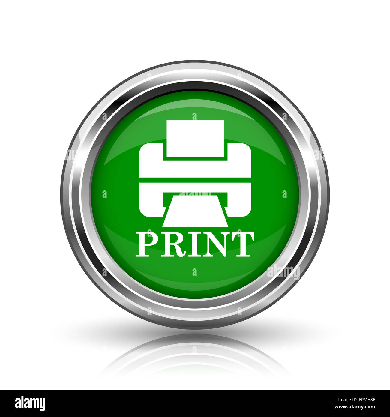 Printer with word PRINT icon. Metallic internet button on white ...