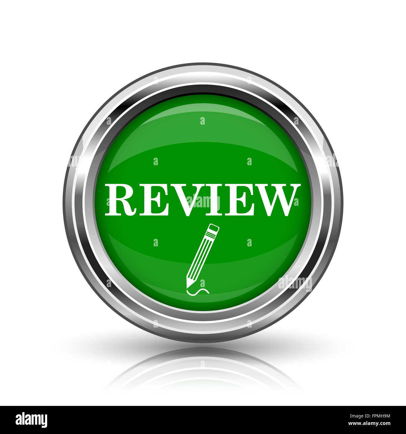 Review icon. Metallic internet button on white background Stock Photo ...