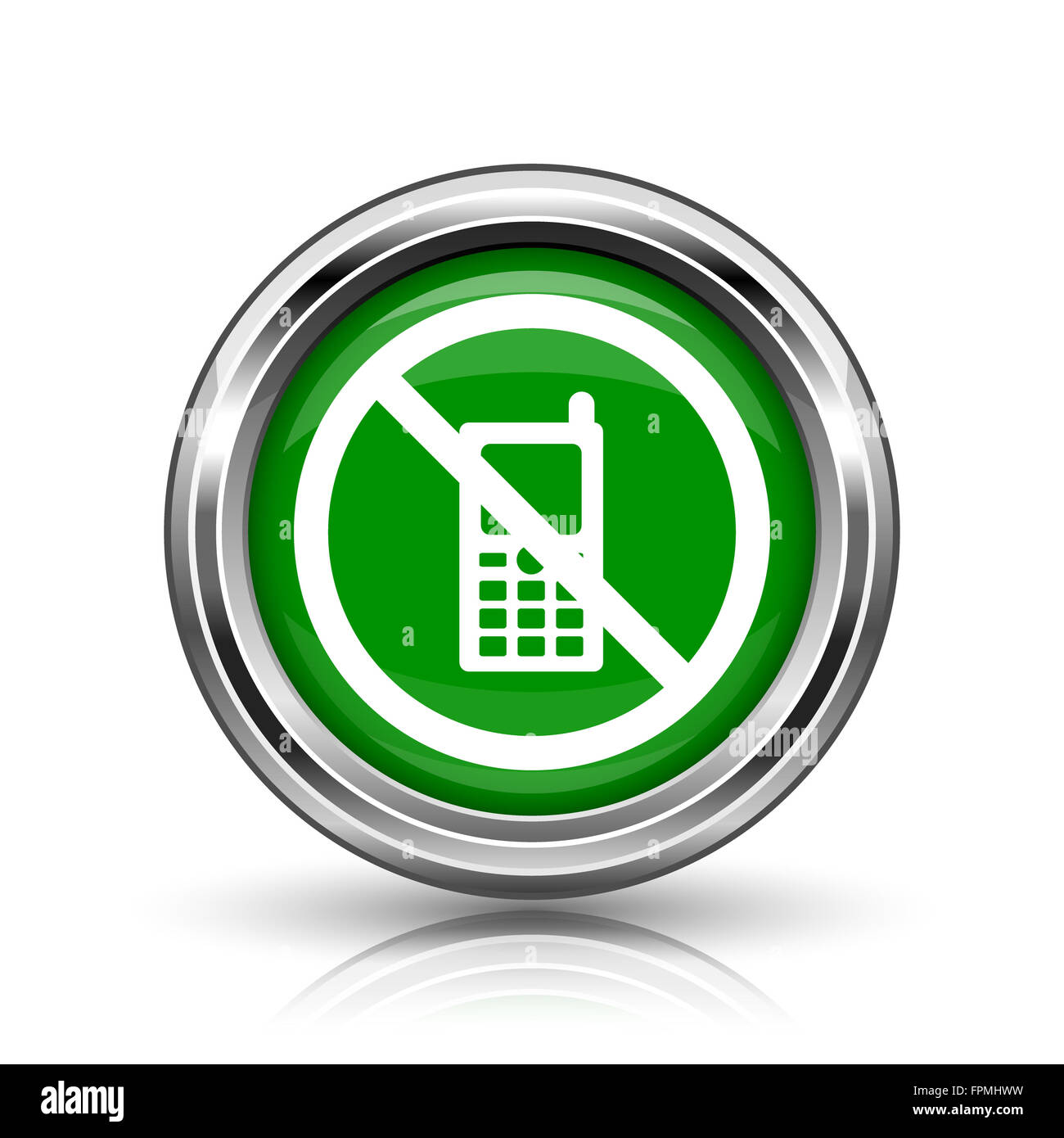 Mobile phone restricted icon. Metallic internet button on white ...