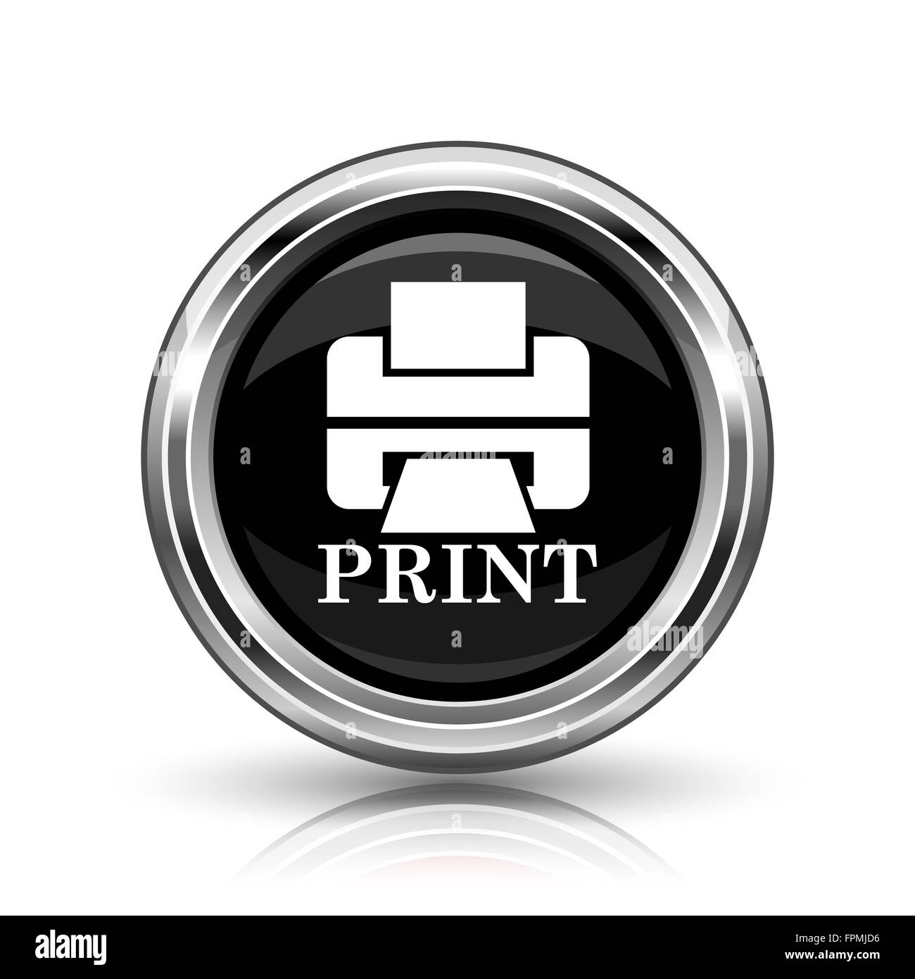 Printer with word PRINT icon. Metallic internet button on white ...