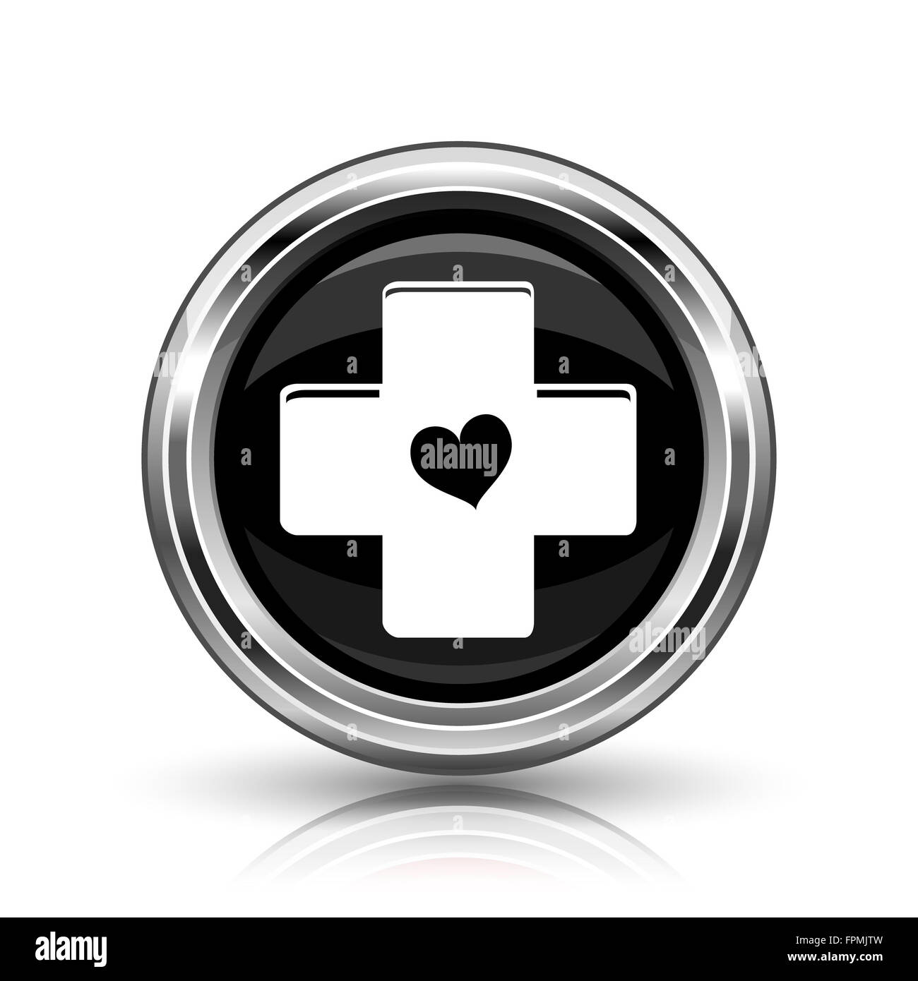 Cross with heart icon. Metallic internet button on white background ...