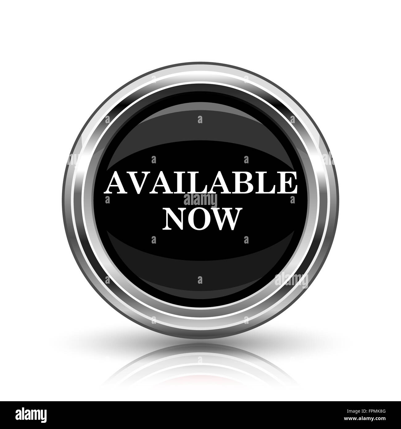 Available now icon. Metallic internet button on white background Stock ...