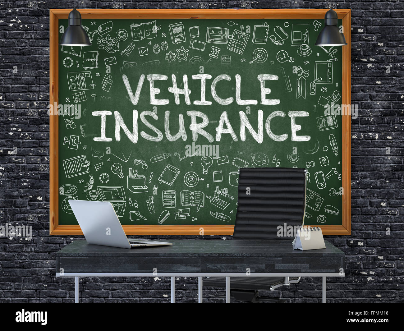 Vehicle Insurance Concept. Doodle Icons on Chalkboard Stock Photo - Alamy