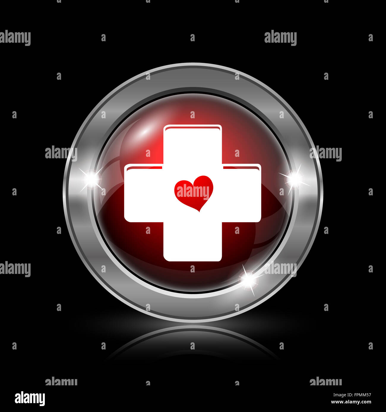 Cross with heart icon. Metallic internet button on black background ...