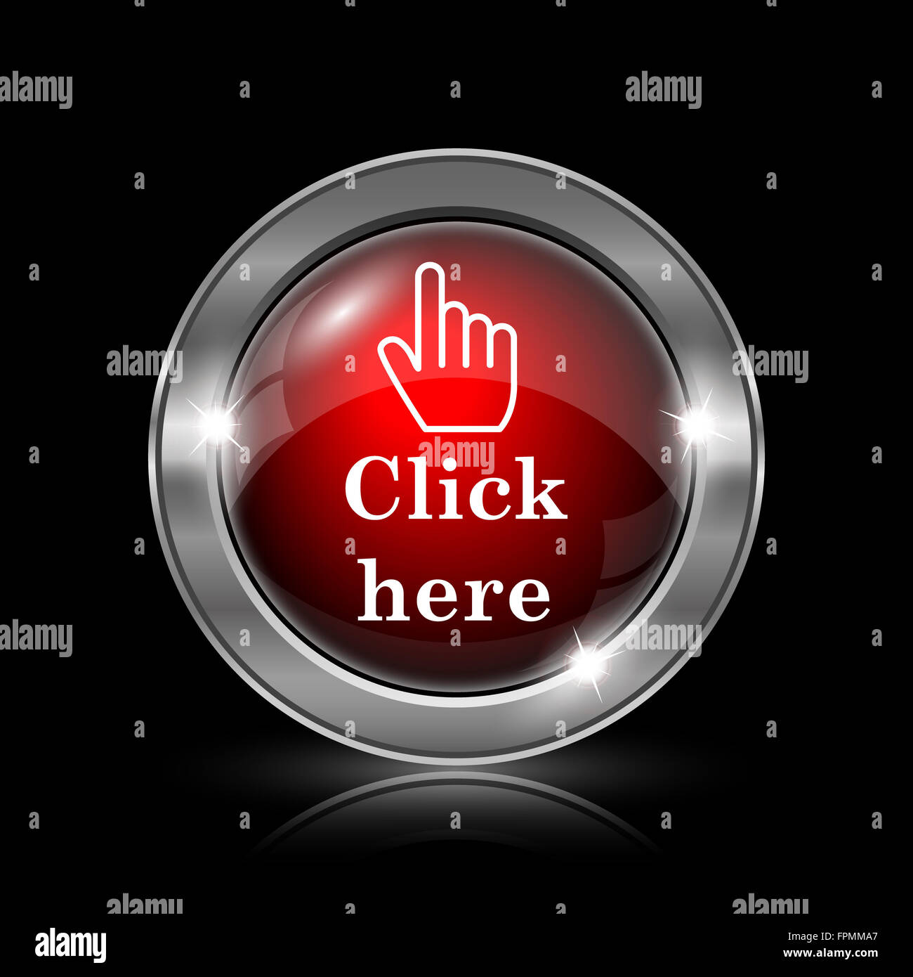 Click here icon. Metallic internet button on black background Stock ...