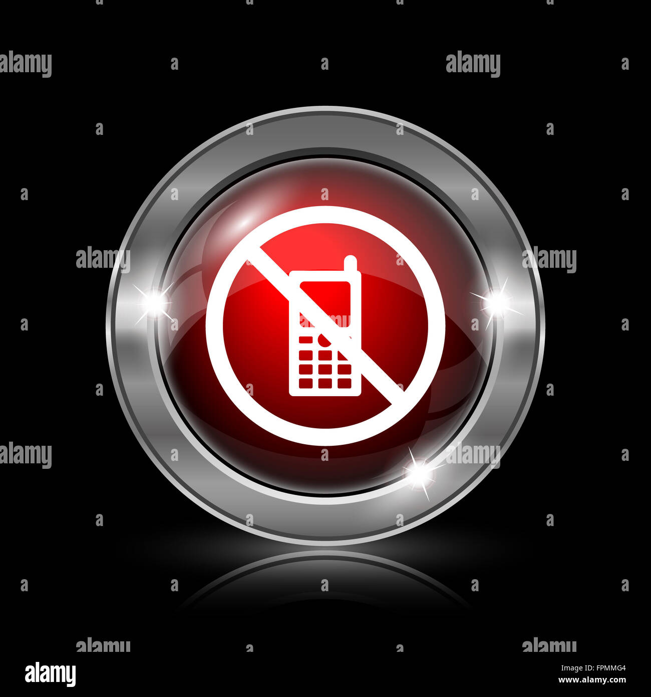Mobile phone restricted icon. Metallic internet button on black ...