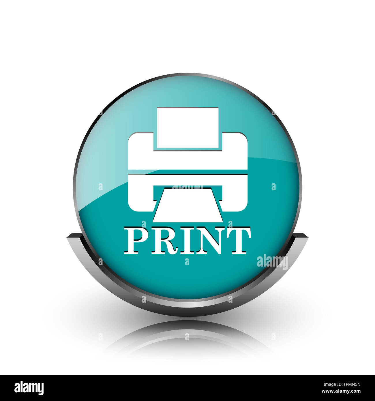 Printer with word PRINT icon. Metallic internet button on white ...