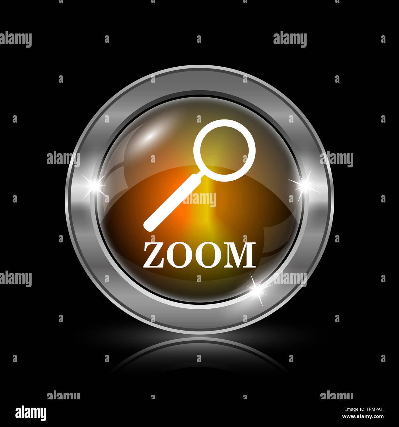 Zoom with loupe icon. Metallic internet button on black background ...