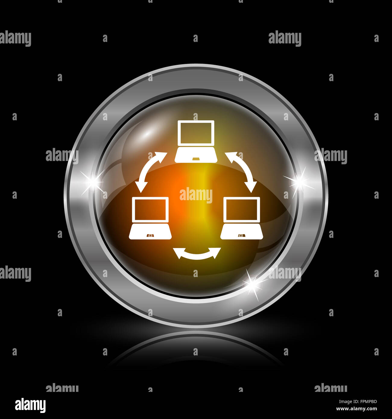 Computer network icon. Metallic internet button on black background ...