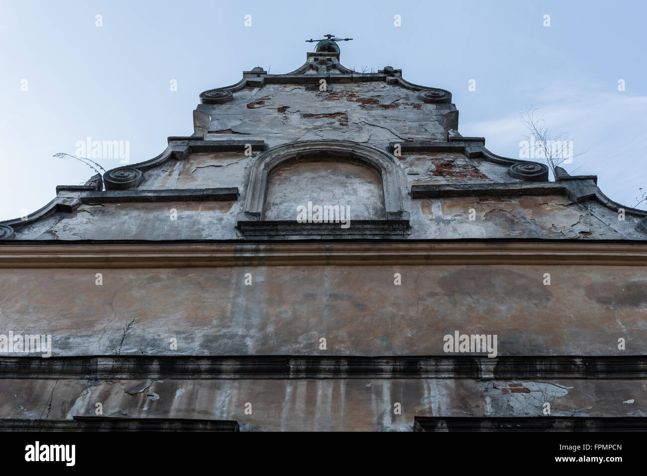 Old facade of the Roman Catholic Church on clear sky background Stock ...