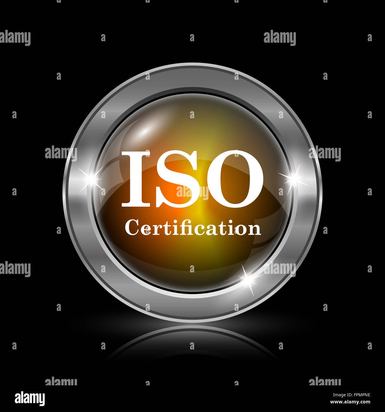 ISO certification icon. Metallic internet button on black background ...
