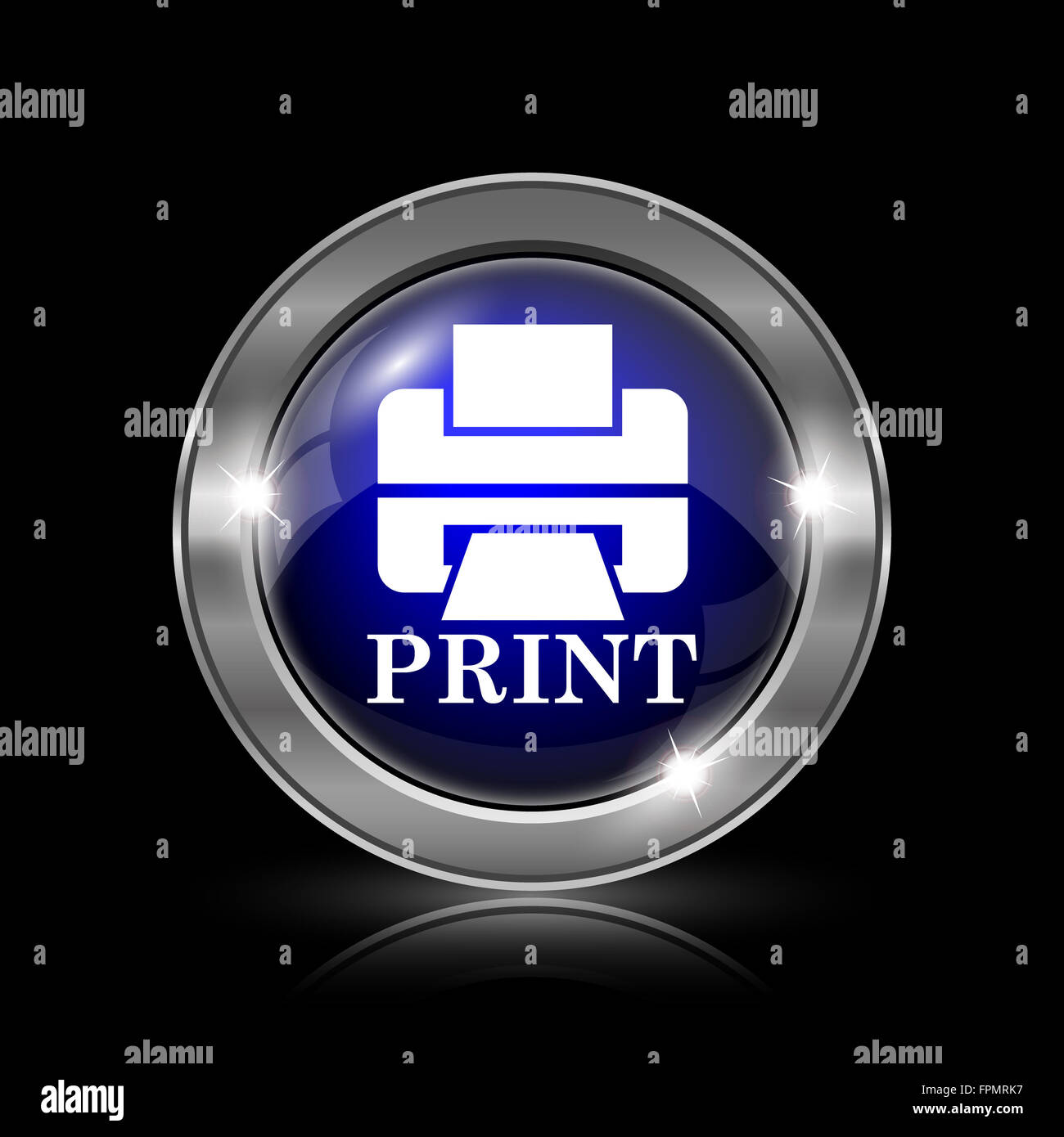 Printer with word PRINT icon. Metallic internet button on black ...